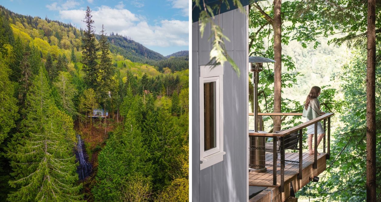 This modern Bellingham treehouse Airbnb overlooks a ravine with a waterfall