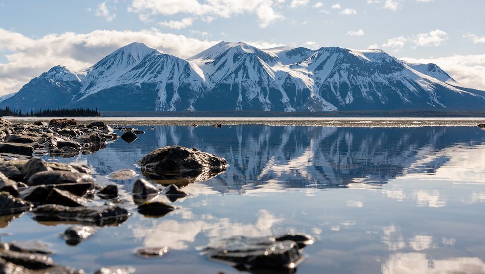 Atlin, British Columbia has a glacial lake surrounded mountains